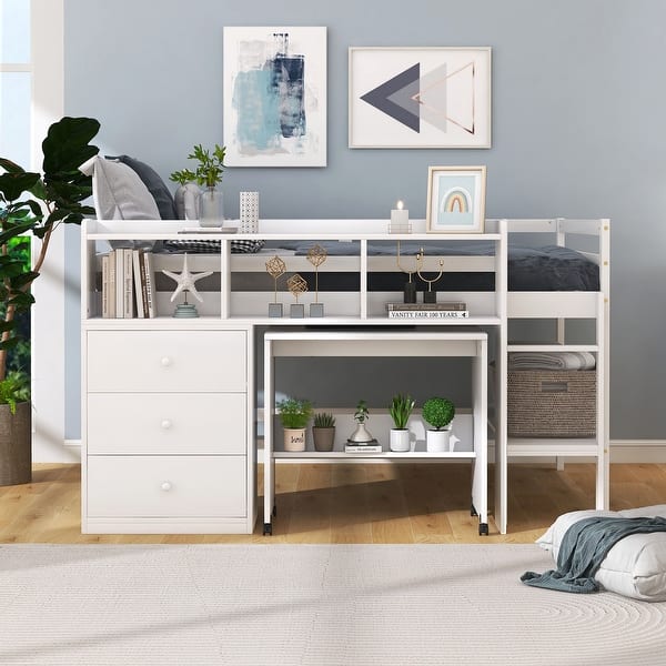White Full Low Loft Bed with Wheeled Desk and Storage - Bed Bath ...