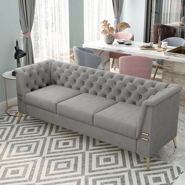 Velvet Upholstered 3-Seater Sofa Modern Living Room Deep Button Tufting ...