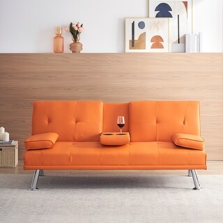 Orange/ PVC Folding Futon Sofa Bed with Removable Armrests & Cupholder ...
