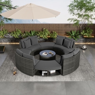 128" Round Outdoor Sofa Set, Rattan Wicker Sectional Sofa Lounge Set ...