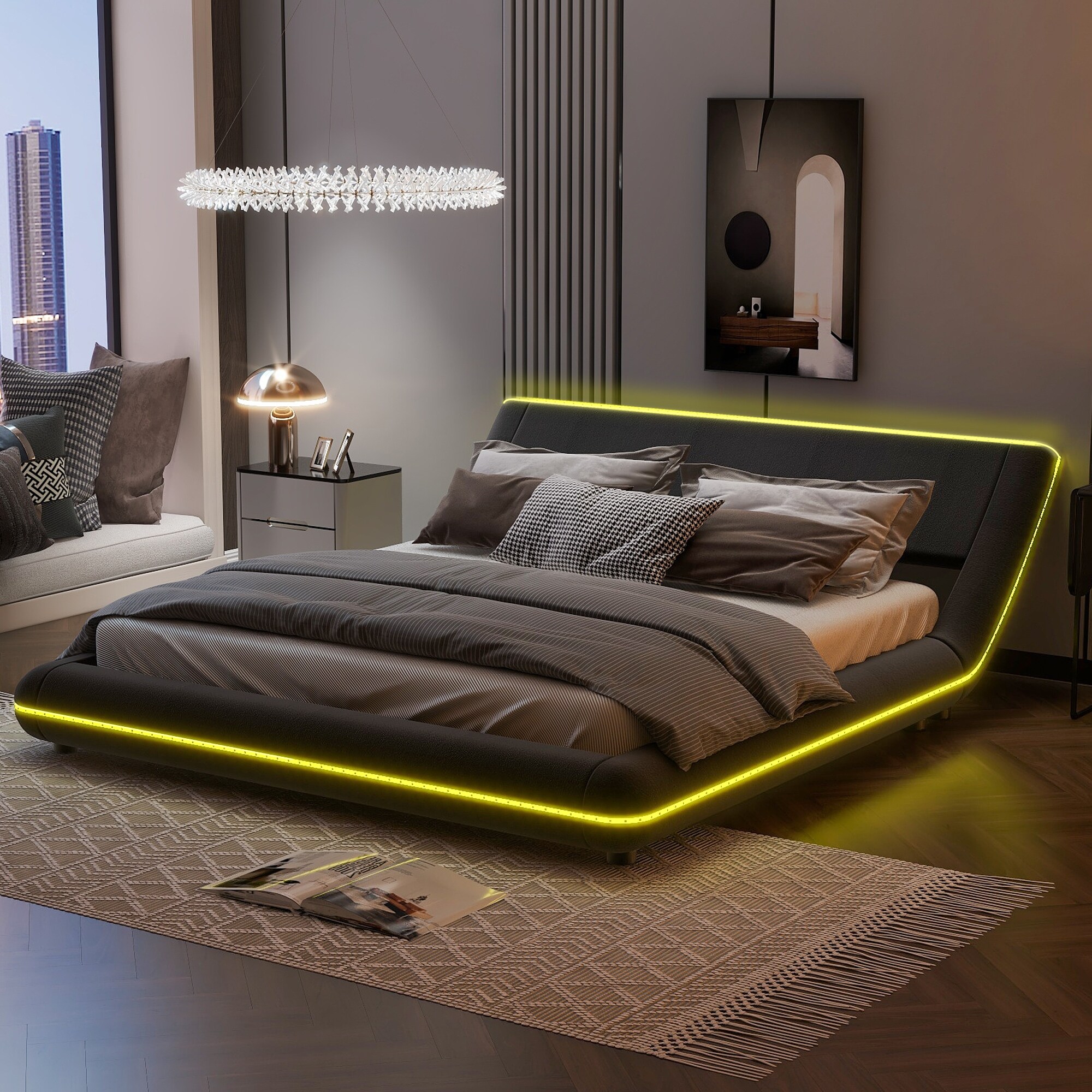 Queen Comfortably Upholstery Platform Bed Frame with Sloped Headboard Wood Wave Like Low Profile Bed w LED Light Strips Grey Bed Bath Beyond 40188930