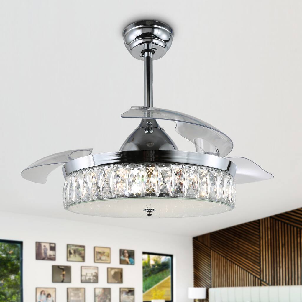 CurveCurio Crystal Retractable Ceiling Fan with Glass Shade LED Light ...