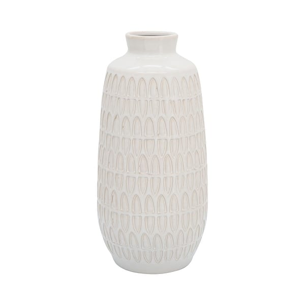 12" Beige Ceramic Vase Carved Design Decorative Light Colored Table ...