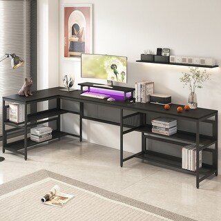 U-Shaped Desk with Power Outlets, LED Strip, Monitor Stand, and Storage ...