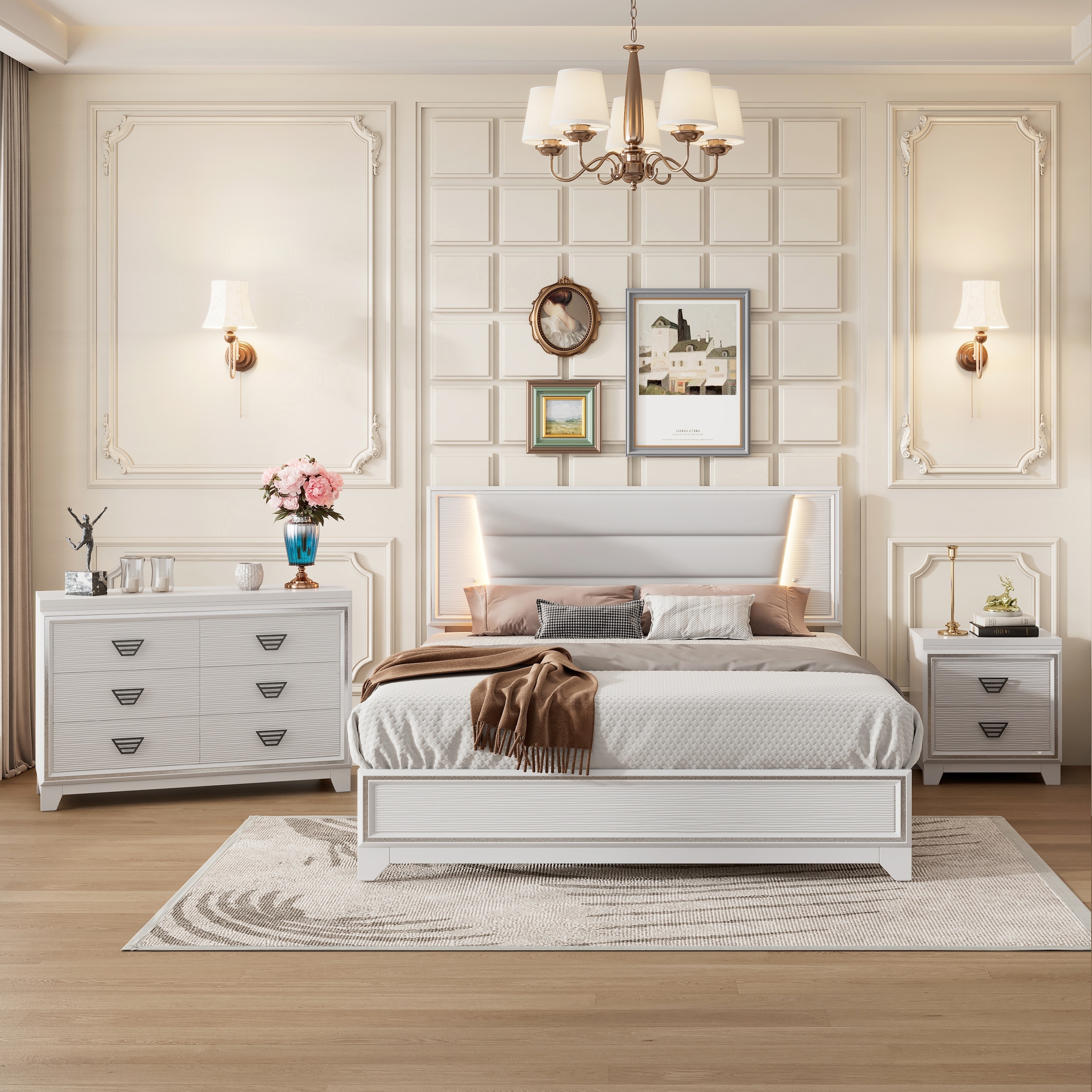 3 Piece Bedroom Set Queen Size Upholstered Bed Frame with Nightstand and Dresser White