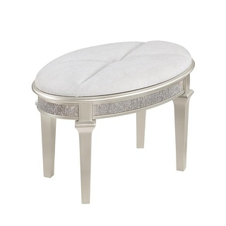 Upholstered Oval Vanity Stool with Faux Diamond Trim in Silver and ...