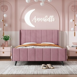 Velvet Frame Platform Full Bed Pink Wingback Bed wStripe Headboard ...