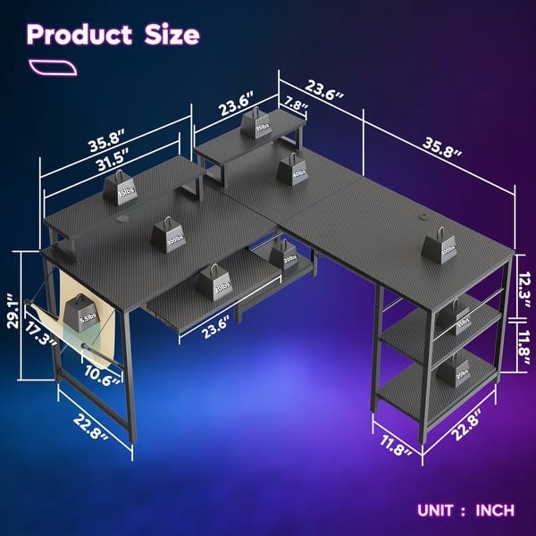 L Shaped Desk LED 95.2 Inch Computer Corner Desk with Keyboard Tray ...