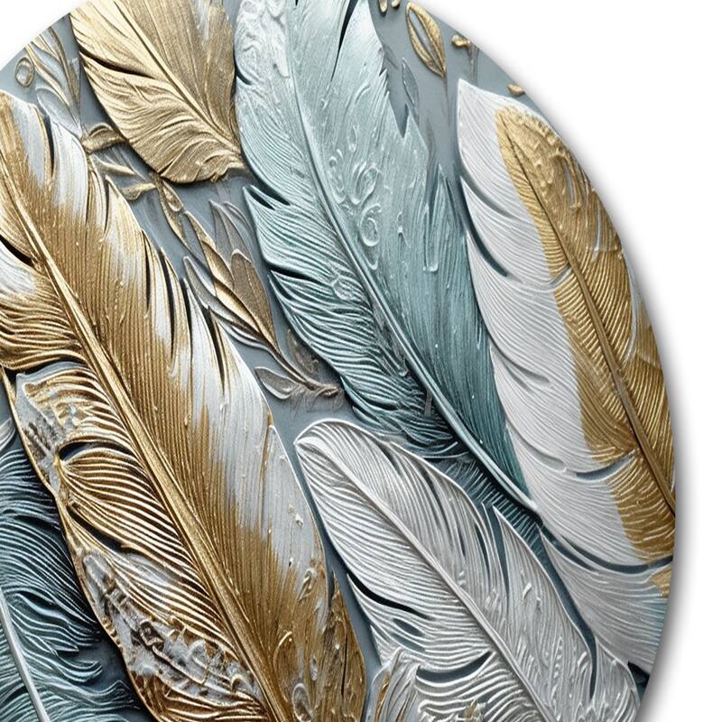 Designart "Gold Gilded Feathers V" Glam Feather Metal Round Wall Art ...