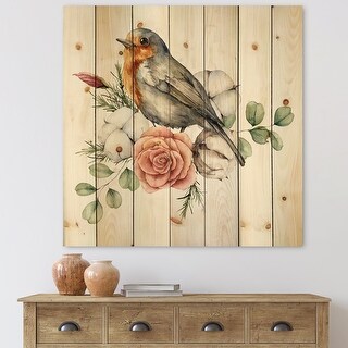 Designart 'Robin Redbreast With Cotton Rose and Leaves' Traditional ...