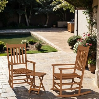 3 Piece Patio High Back Wood Rocking Chair with Side Table and Armrest ...