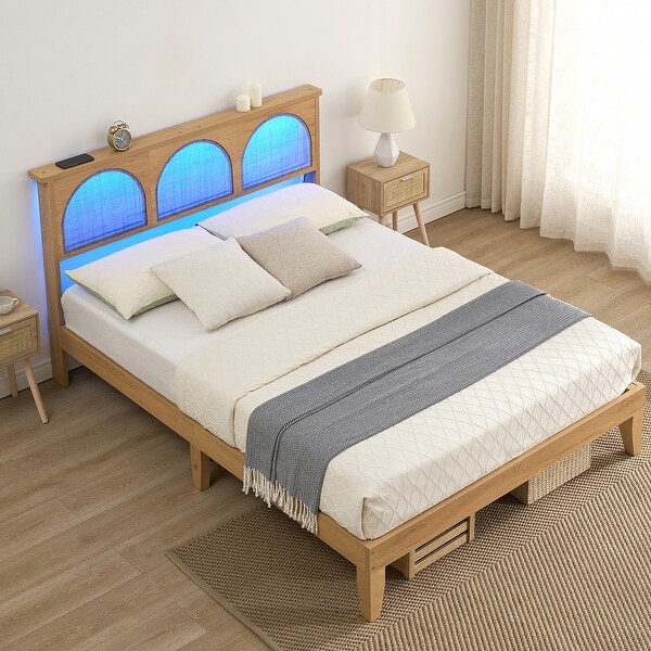 Rattan Solid Wood Bed Frame with Headboard LED Light Storage Upholstered Bed On Sale Bed Bath Beyond 38160757