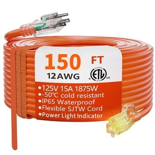 150 ft Outdoor Extension Cord Waterproof 12/3 Gauge Heavy Duty with ...
