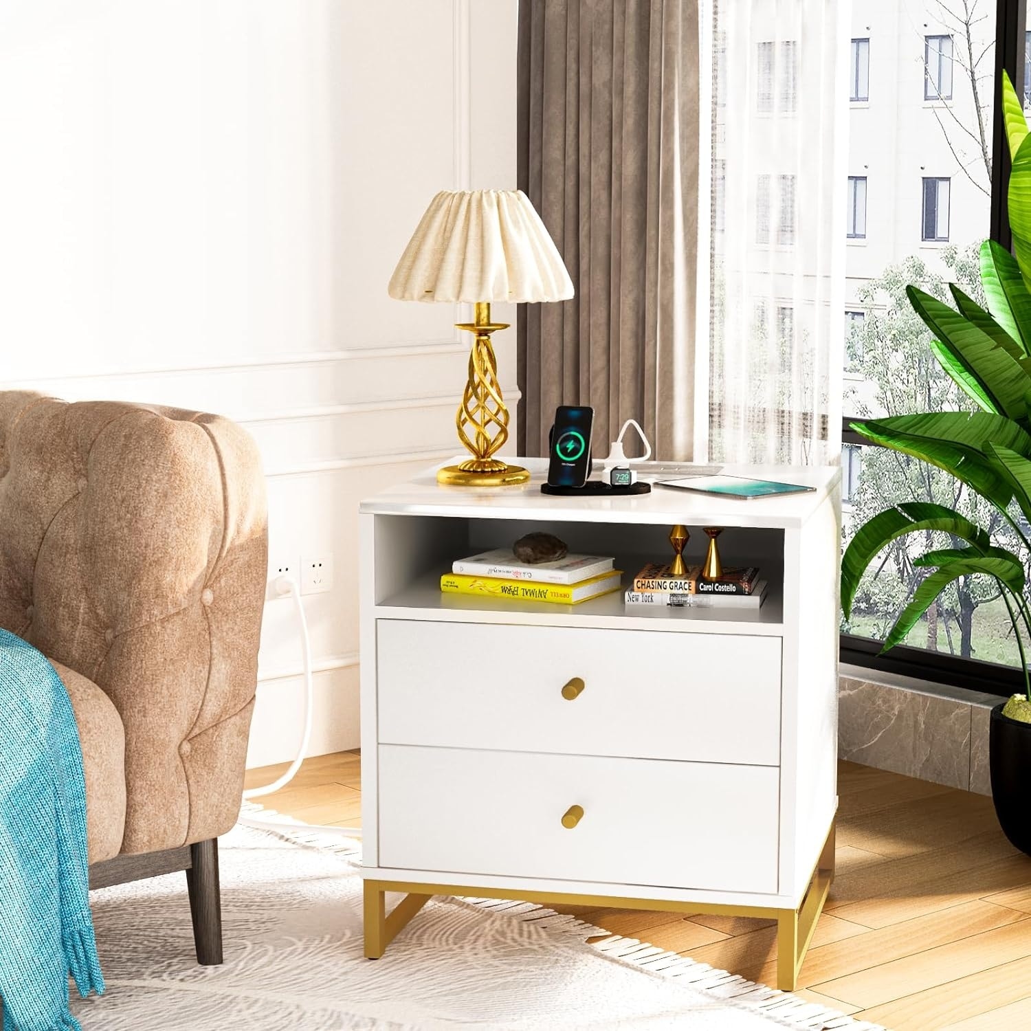 Side Night Stand Modern White Nightstand With Drawer - 25.6" Bedside ...