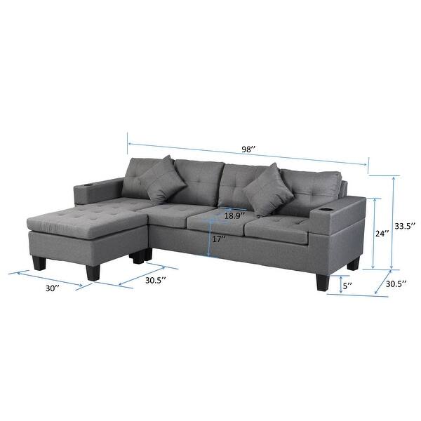 L-shape Linen Fabric Sectional Upholstered Sofa Set with Lounge Chair ...