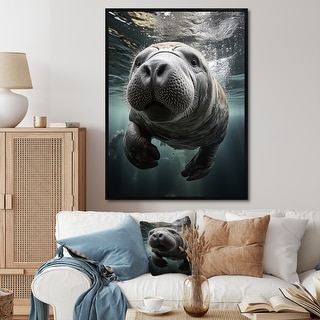 Designart "Grey Teal Animal Manatee" Manatee Framed Wall Decor - Bed ...