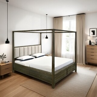 Seon King Canopy Bed w 4 Posters, Ivory Upholstery, Dark Cocoa Brown ...