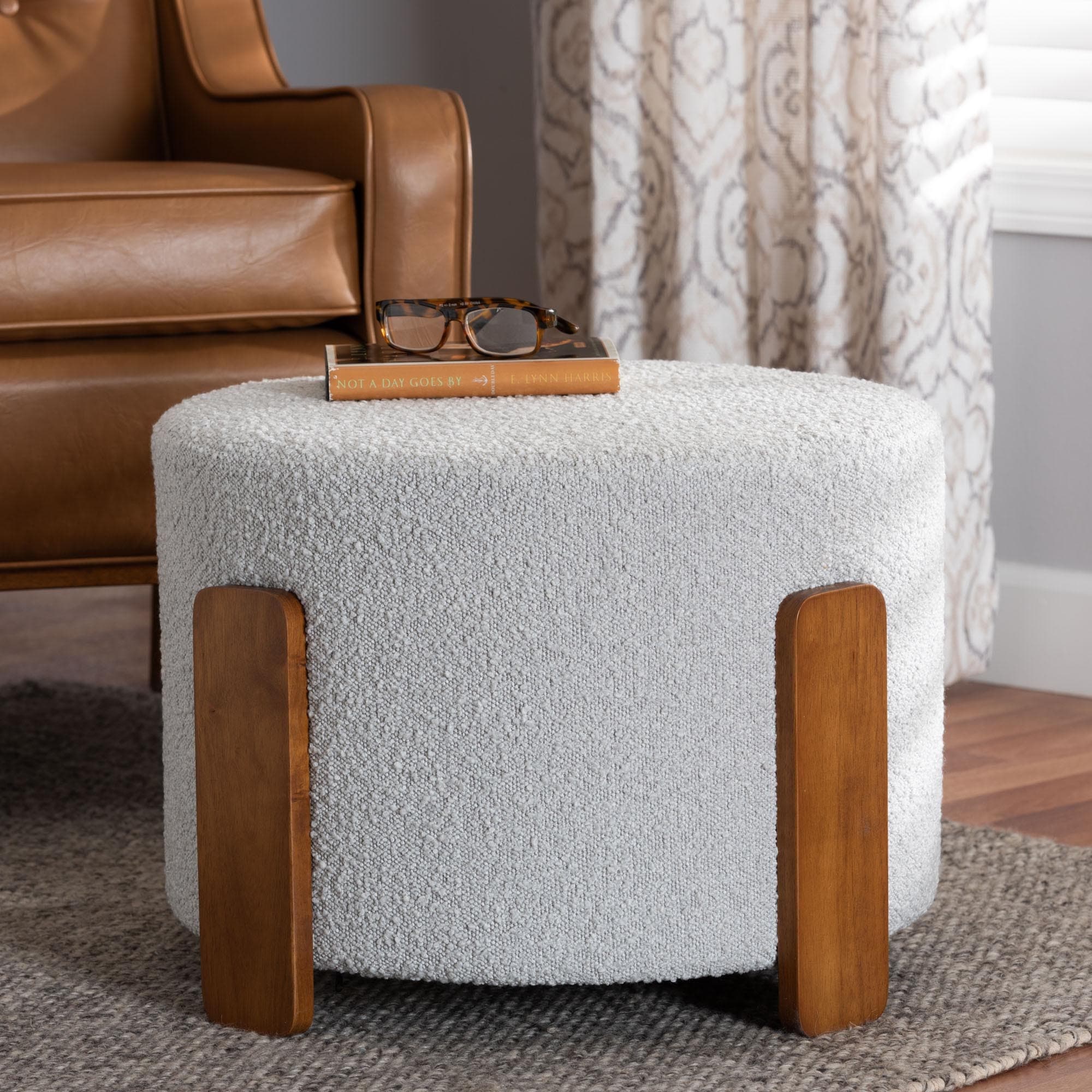 Finlay Modern Japandi Boucle Fabric and Wood Ottoman Footstool On Sale Bed Bath Beyond 39921346