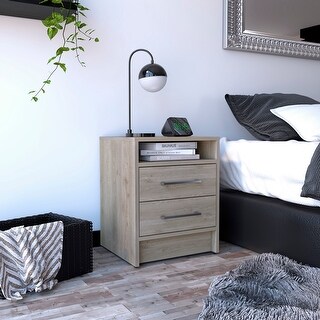 Grey Particle Board Bedside Table with Double Drawer and Open Shelf ...