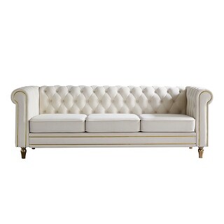 Beige Color Chesterfield Velvet Sofa Tufted Back 84.65" Couch with Dark ...