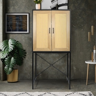 Elegant Tall Storage Cabinet with 2 Rattan Doors,X-Shaped Supporting ...