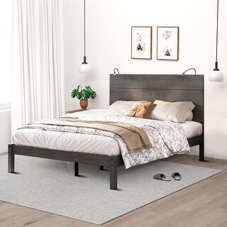 Mid-century vintage style bed frame with bedside lamps and wooden slats ...