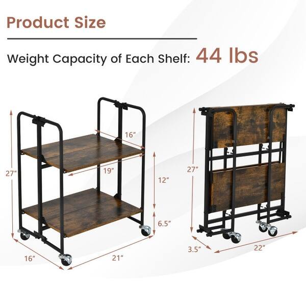 2-Tier Folding Rolling Cart with Metal Frame-Rustic Brown - 21" x 16" x ...