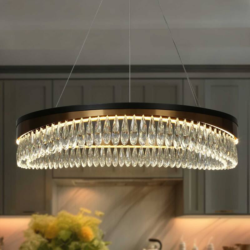 Modern 1-Light LED Crystal Chandelier Black Gold Round Lighting for Dining Living Room - D31.5 ...