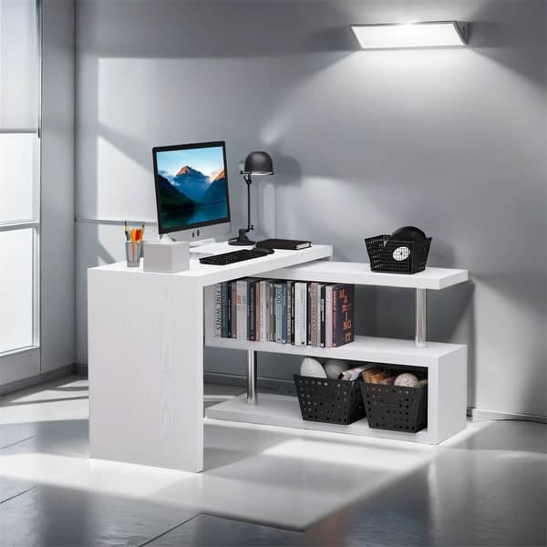 360 Degree Rotating Corner L Shaped Desk with 3-Tier Storage Shelves ...