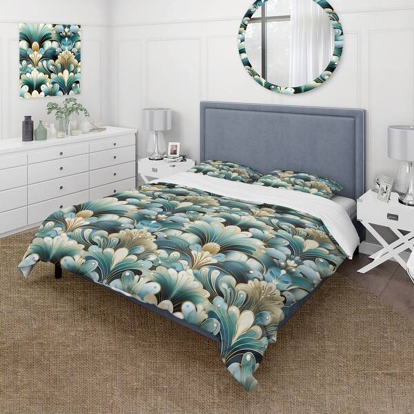 Designart "1970S Emerald And White Damask Art Deco " Turquoise Floral ...