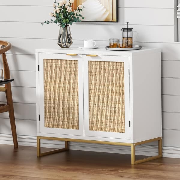 Modern 2-Door White Rattan Buffet Sideboard Wood Kitchen Accent Storage ...