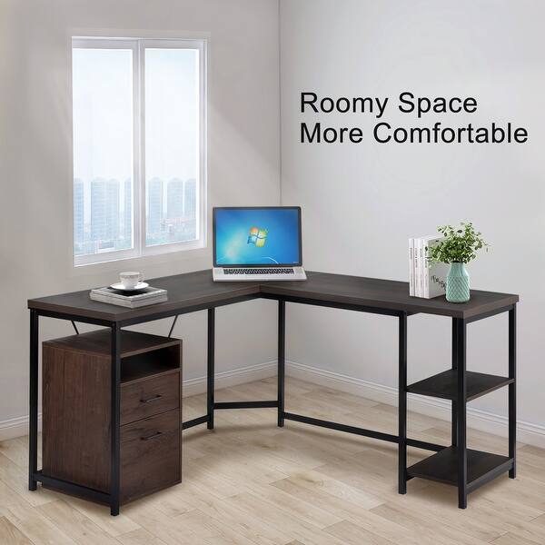 Office Desk undefinedL-Shaped Computer Desk with 2-Tier Storage Shelves ...