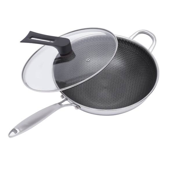 12" Stainless Steel Wok Pan with Lid - Honeycomb Coating 1L Capacity ...