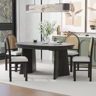 5 Piece Retractable Kitchen Table Set with 4 Rattan Back Dining Chairs ...