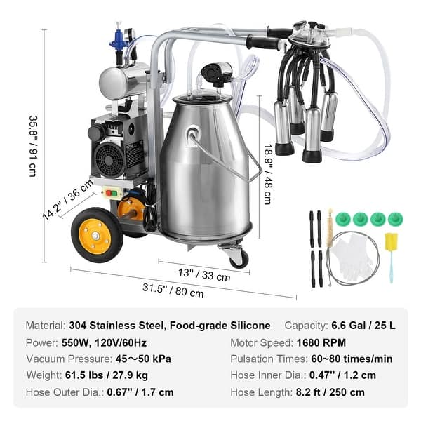 VEVOR Electric Cow Milking Machine 6.6 Gal Stainless Steel Bucket ...