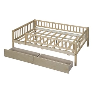 Natural Full Size Kids Bed Frame w/ Drawers, Full Daybed with Fence ...