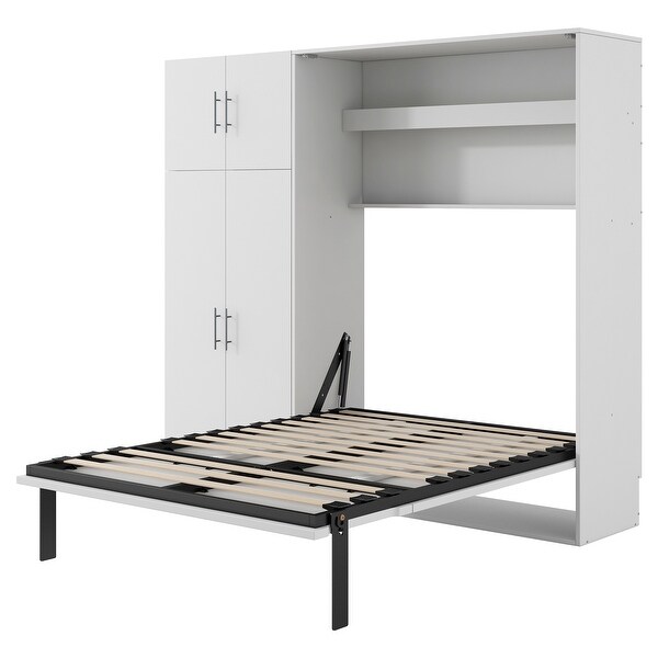 Full Size Wood Murphy Bed with Wardrobes Multiple Storage Folding Bed with Lockers for Bedroom White