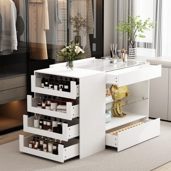 Dressing Island with Glass Shelves Spacious White Organizer Closet - 47 ...