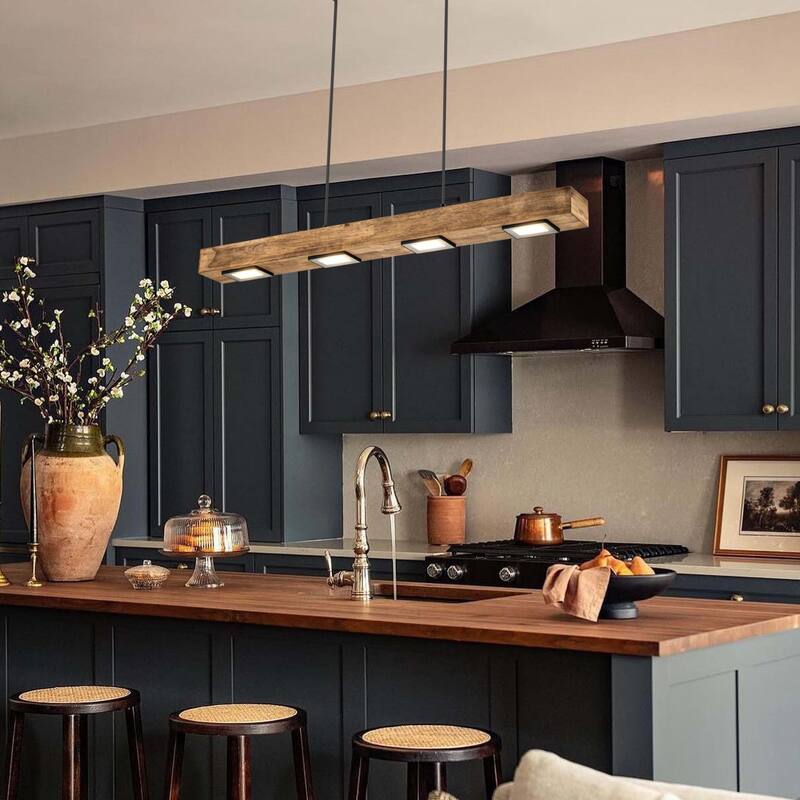 6-Light Modern Farmhouse Brown Wood Linear Integrated LED Island ...