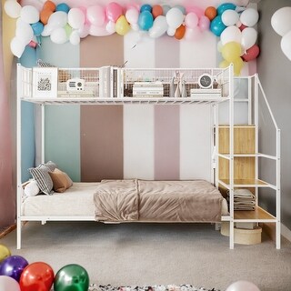 Metal Twin Over Full Bunk Bed with Wire Shelving and Lateral Storage ...