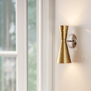 2-Light Modern Vintage Brushed Brass Cone Linear Bathroom Vanity Light Wall Sconces with Metal ...