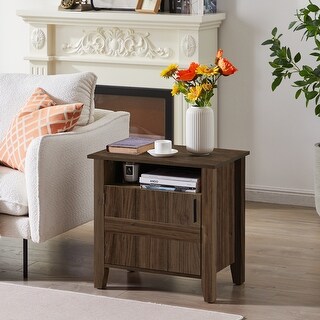 Walnut Modern Rustic Style End Table with Top Drawer and Enclosed ...