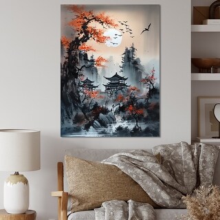 Designart "Red Moonset Raven Cry Japon Iv" Japon Landscape Wall Decor ...
