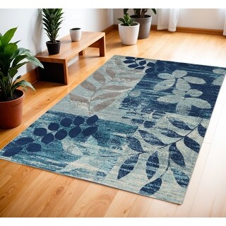 HomeRoots 4' X 6' Navy Blue Light Blue and Gray Botanical Leaves Area ...