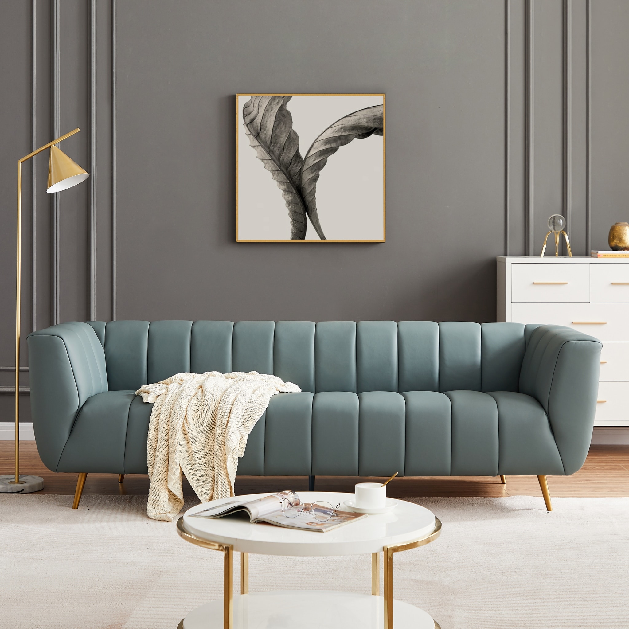 Kameron Mid Century Modern Tufted Genuine Leather Sofa in Cognac Tan ...