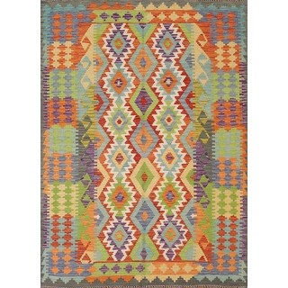 Multi-Color Geometric Kilim Oriental Rug Hand-woven Wool Carpet - 5'2"x ...