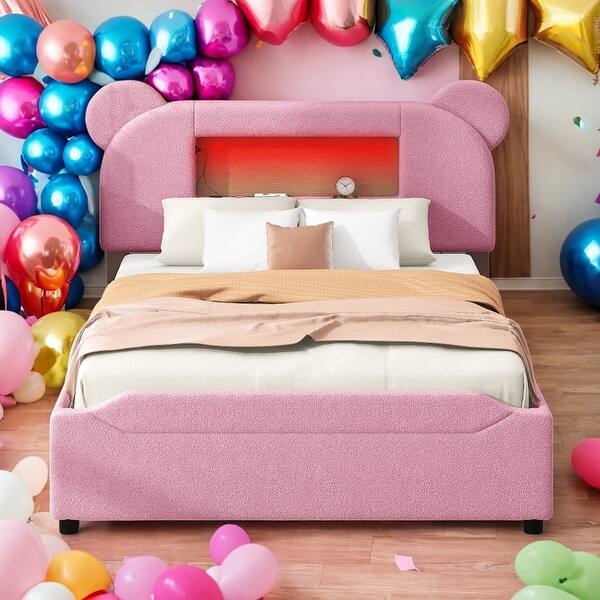 Pink Full Size Upholstered Platform Bed with Built-in Shelf and USB ...