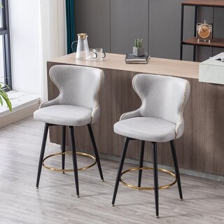 Modern Leather Bar Stools Set of 2, Metal Legs 180° Swivel Bar Chair ...