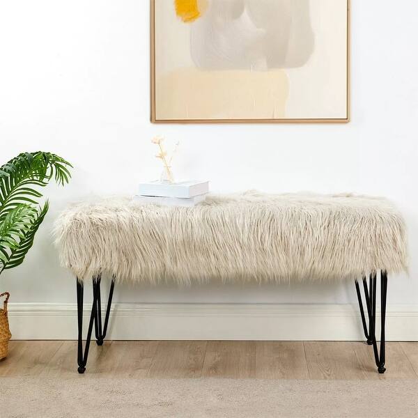 Mongolian Faux Fur Long Bench Ottoman Fluffy Oatmeal - Bed Bath ...