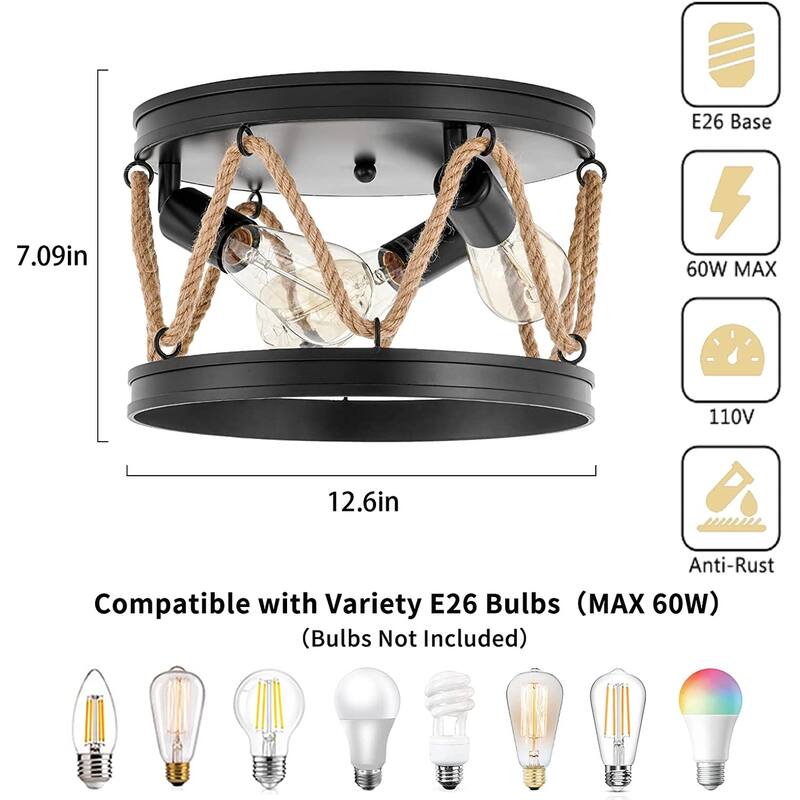 3 light rope ceiling light fixture industrial farmhouse flush mount ...